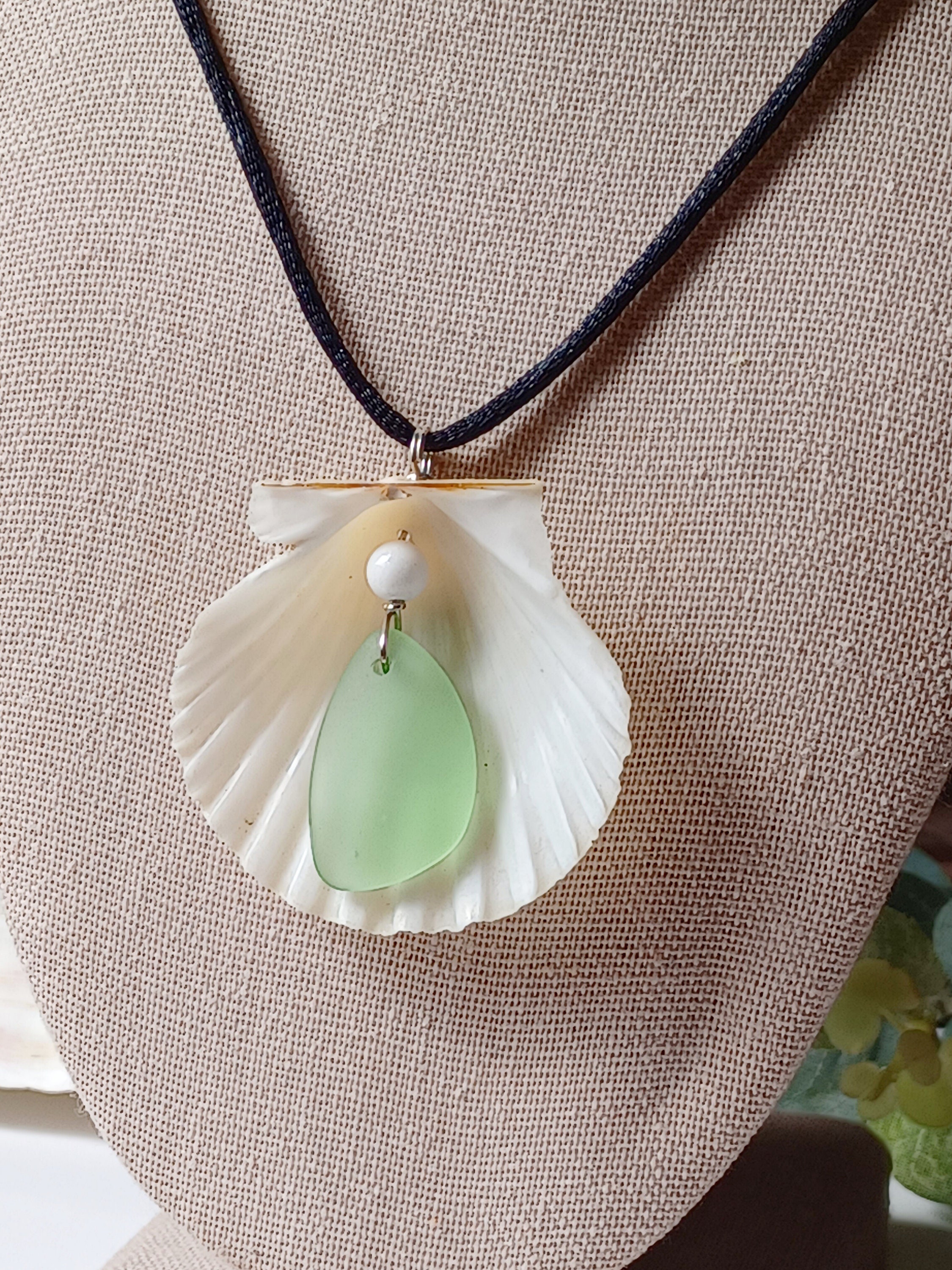 Green Sea Glass Seashell Necklace, Beach Jewelry, Coastal Jewelry ...