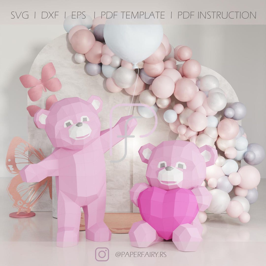 3D Polygonal Teddy Bear Papercraft Template Set.diy Low Poly Pink ...
