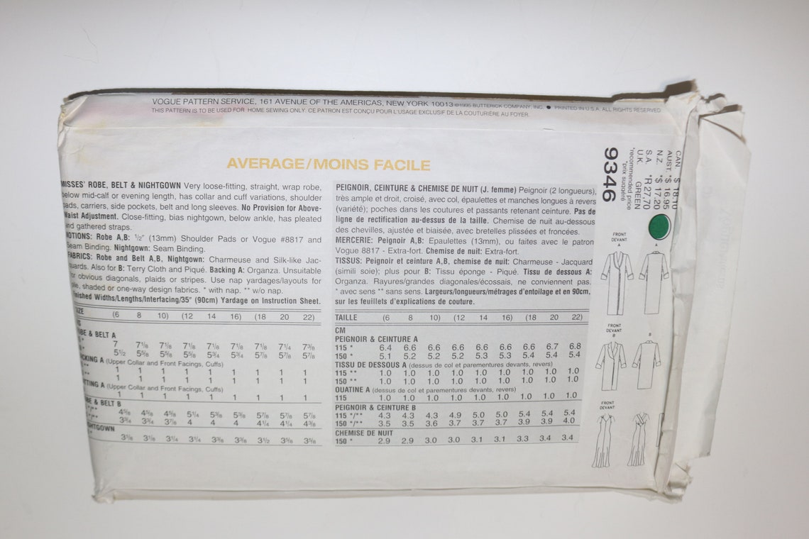 Vogue 9346 Robe Belt and Nightgown Sewing Pattern UNCUT Size 6 | Etsy