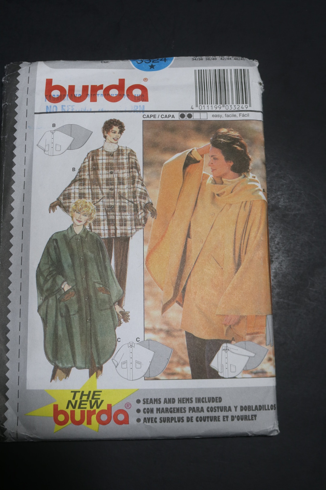 Burda 3324 Cape Pattern Sewing Pattern UNCUT Size 8/10 12/14 16/18 20/ ...