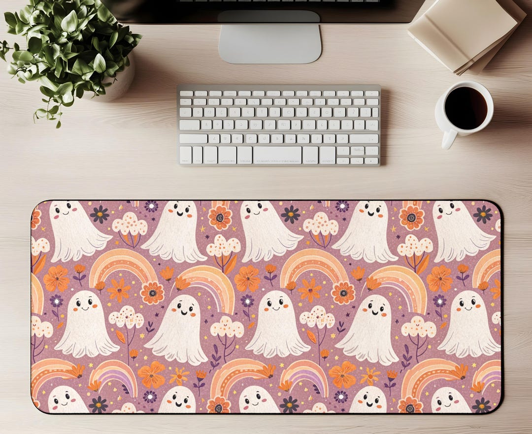 Kawaii Ghost Desk Mat, Pastel Rainbow Flowers, Spooky Decor - Etsy