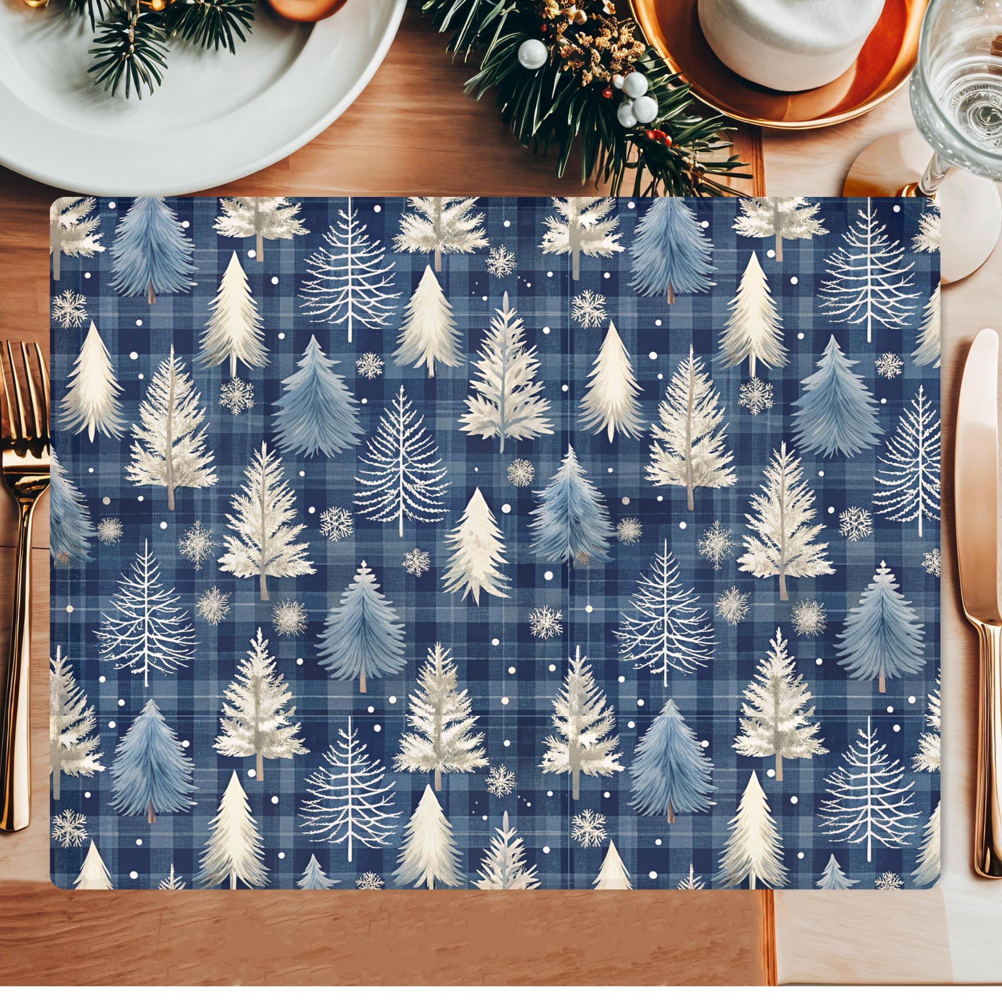 Winter Pine Tree Cotton Placemat | Blue Plaid Christmas Table Decor - Etsy