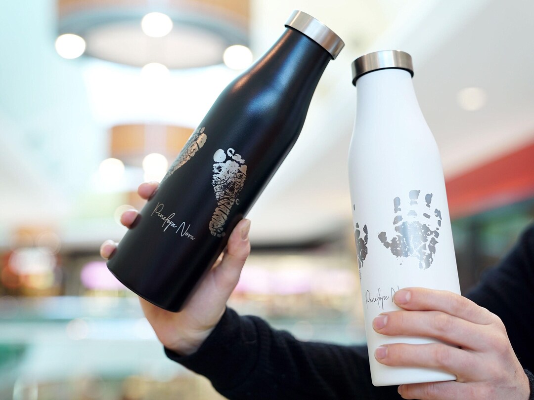 Gift for New Mom, Baby Footprint Water Bottle, Real Handprint Engraved ...