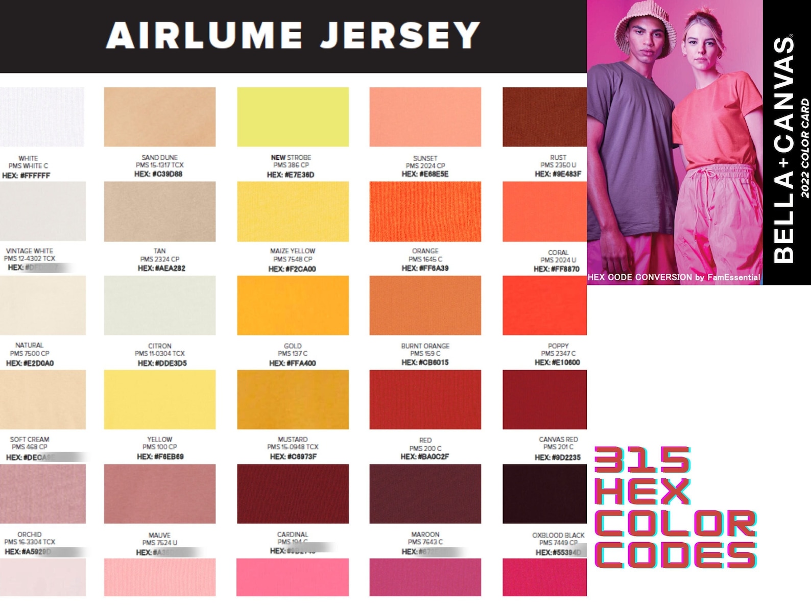 HEX Color Codes for All of Bella Canvas 3001 Shirts Color Card PMS to ...