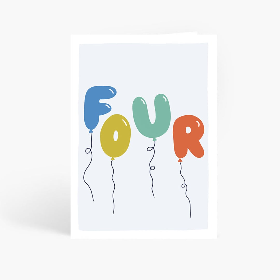 4th Birthday Card, Two Balloons, Children's Colourful Birthday Card ...