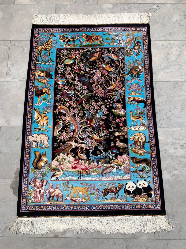 Luxury Silk Turkish Style Rug: Birds Pictorial Silky Bedroom Wall ...