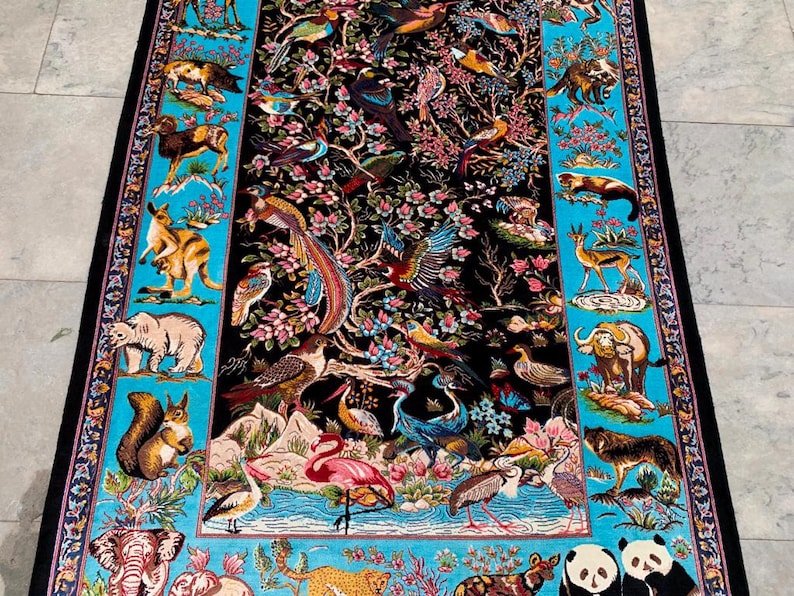 Luxury Silk Turkish Style Rug: Birds Pictorial Silky Bedroom Wall ...