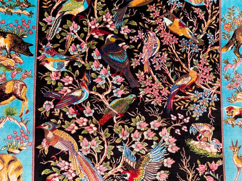 Luxury Silk Turkish Style Rug: Birds Pictorial Silky Bedroom Wall ...