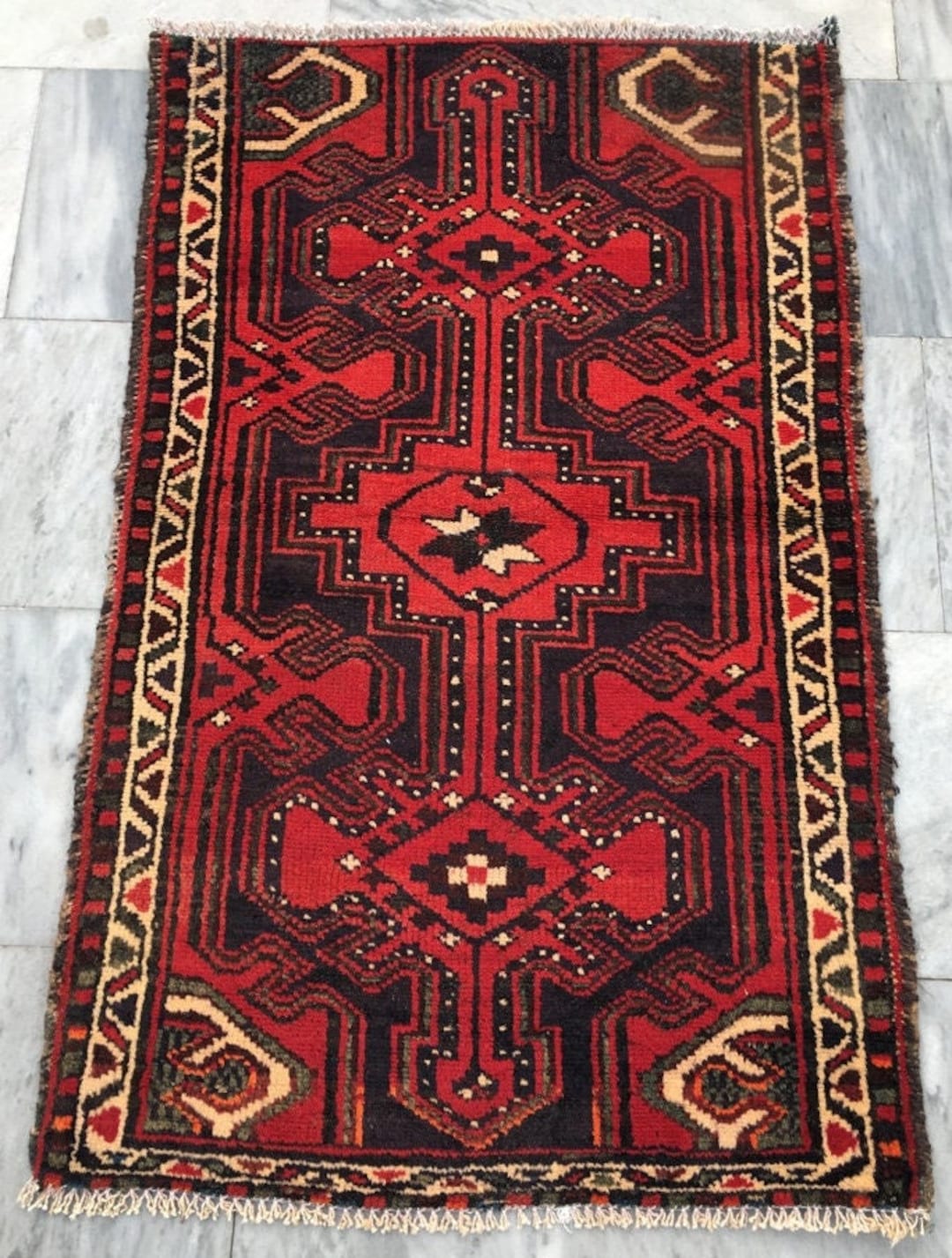 Vintage Afghan Hand Knotted Bukhara Rug, 3'7x2'3 Ft, Bedroom Rug ...
