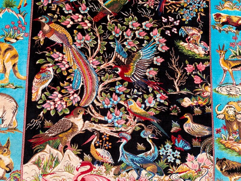 Luxury Silk Turkish Style Rug: Birds Pictorial Silky Bedroom Wall ...