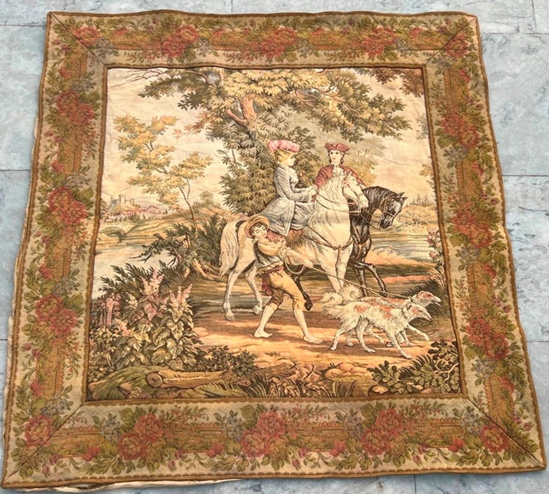 Vintage French Tapestry: Medieval Goblins & Floral Wall Hanging (84x84 ...