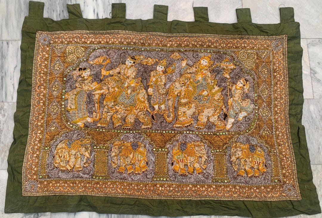 Antique Burmese Handmade Elephant Tapestry: Burma Kalaga Wall Hanging ...