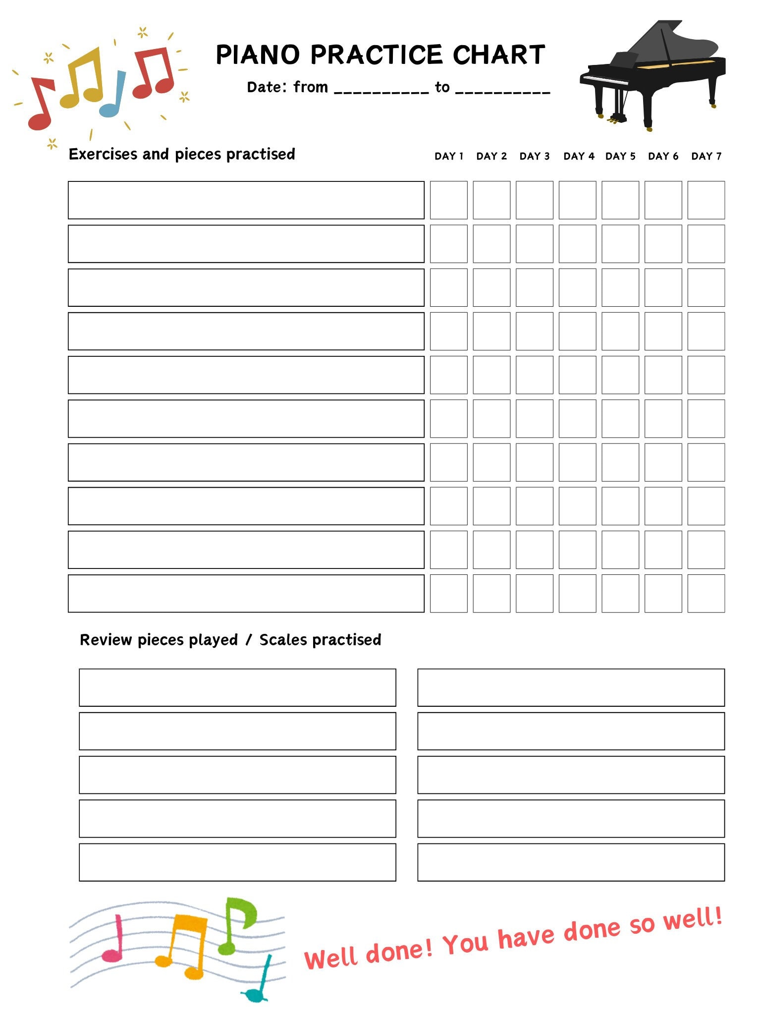 Piano Music Practice Chart | Learning the Piano Chart | Simple Reward ...
