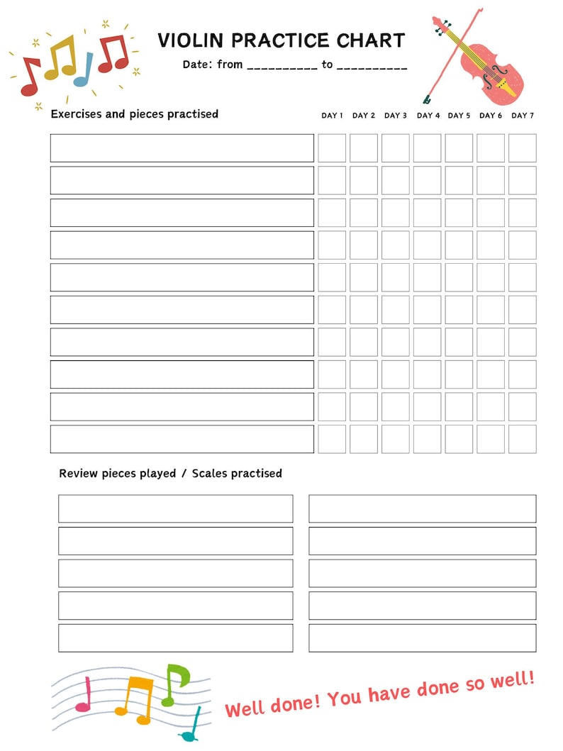Violin Music Practice Chart - Learning the Violin Chart - Etsy