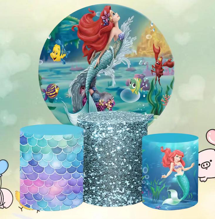 Mermaid Ariel Round Backdrop Disney Cartoon Baby Shower Elastic ...