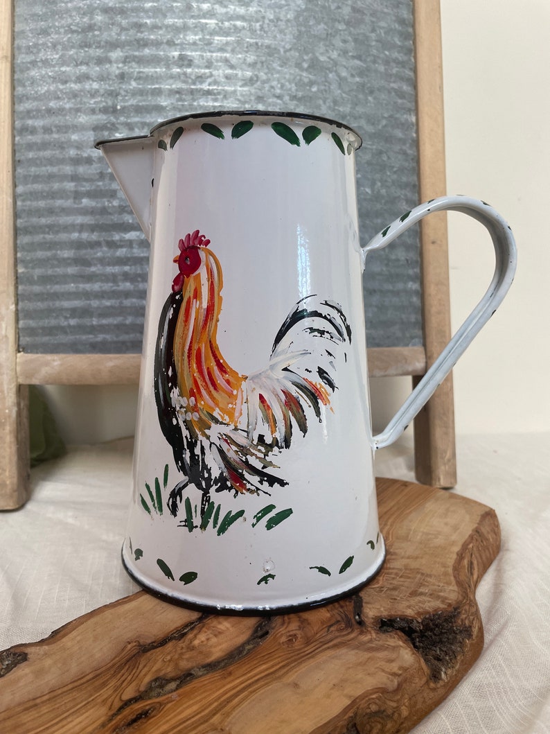 Vintage Hand Painted Enamel Jug With Chicken Decoration// Farmhouse ...