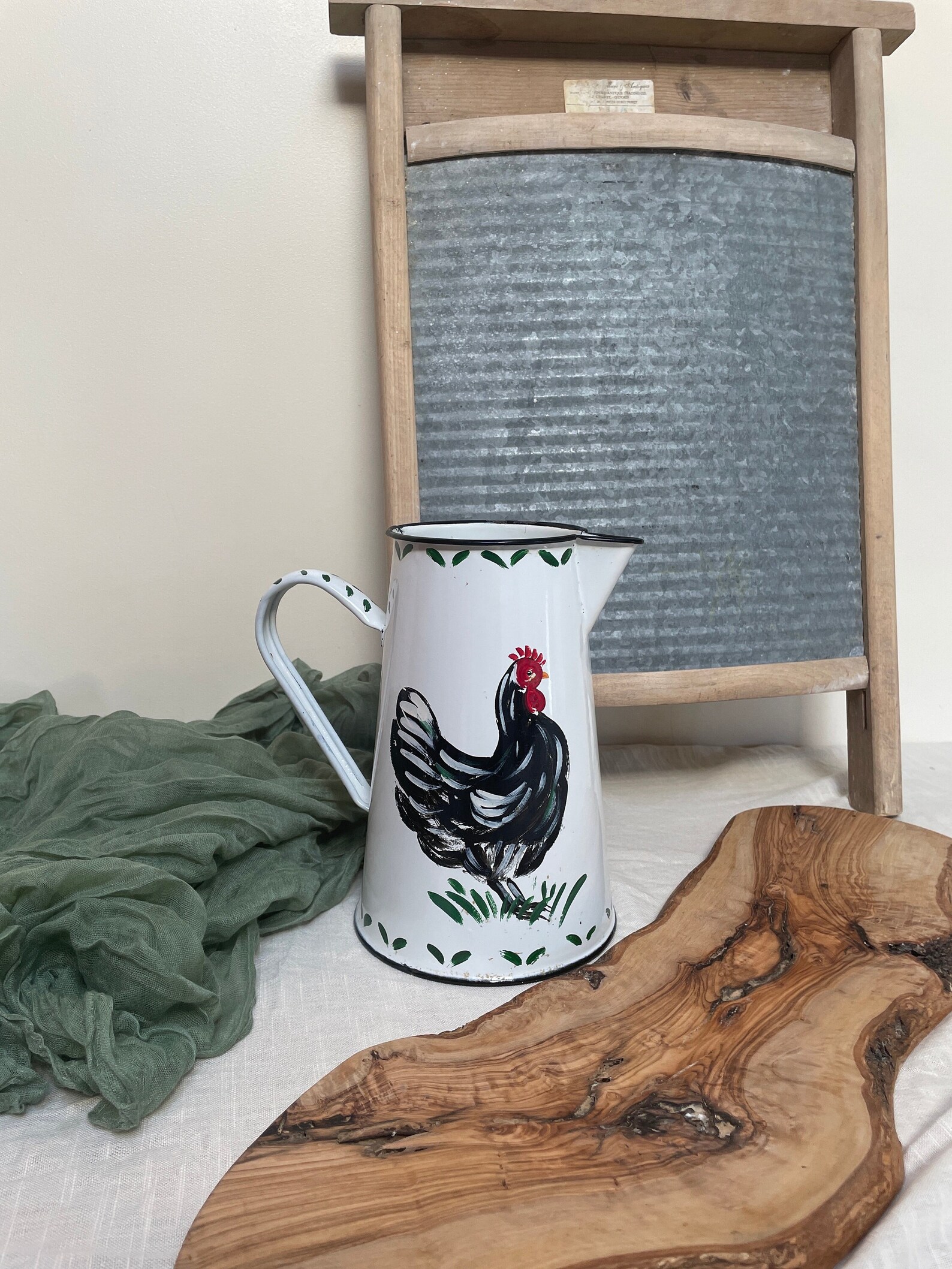 Vintage Hand Painted Enamel Jug With Chicken Decoration// Farmhouse ...
