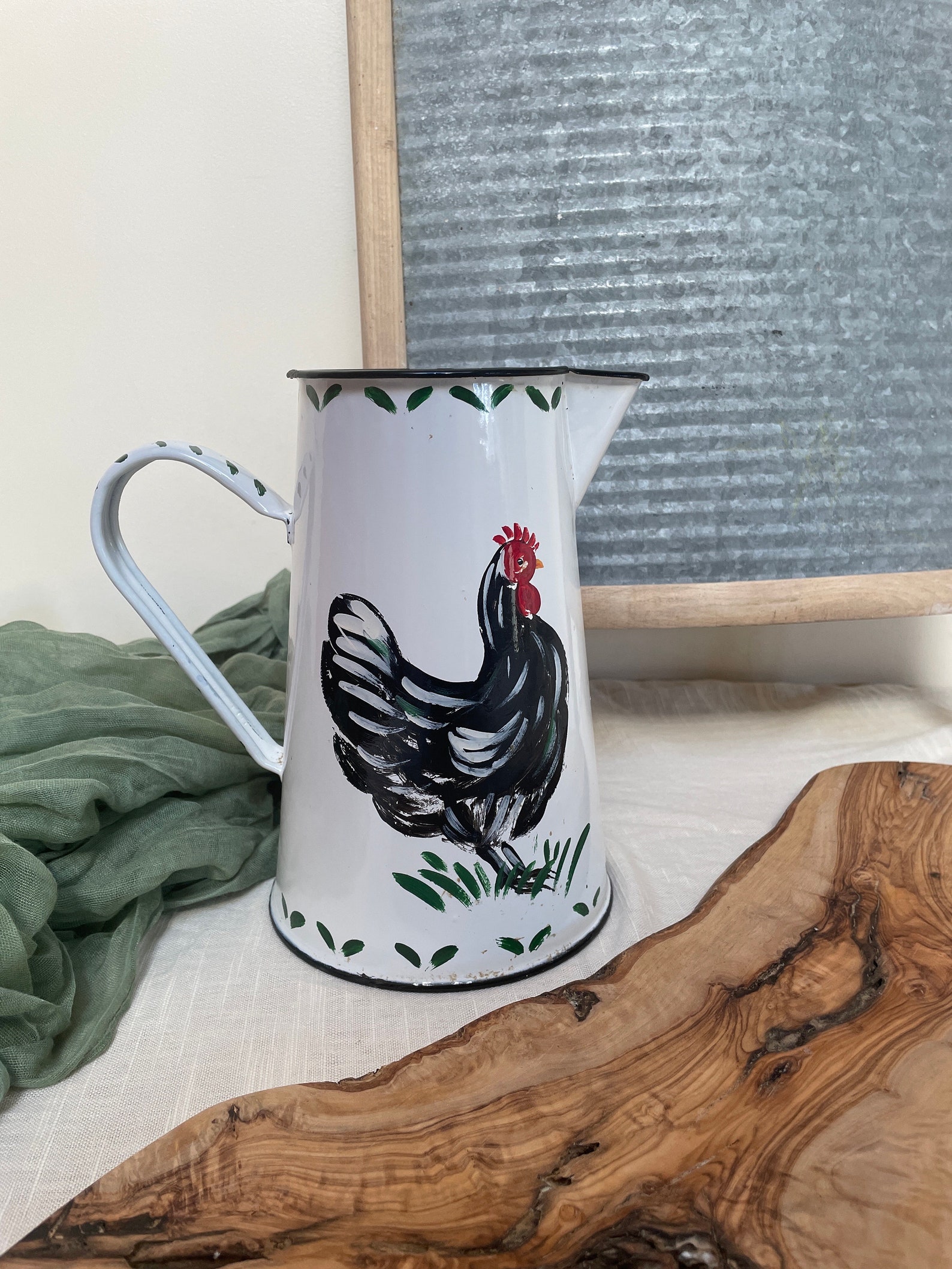 Vintage Hand Painted Enamel Jug With Chicken Decoration// Farmhouse ...