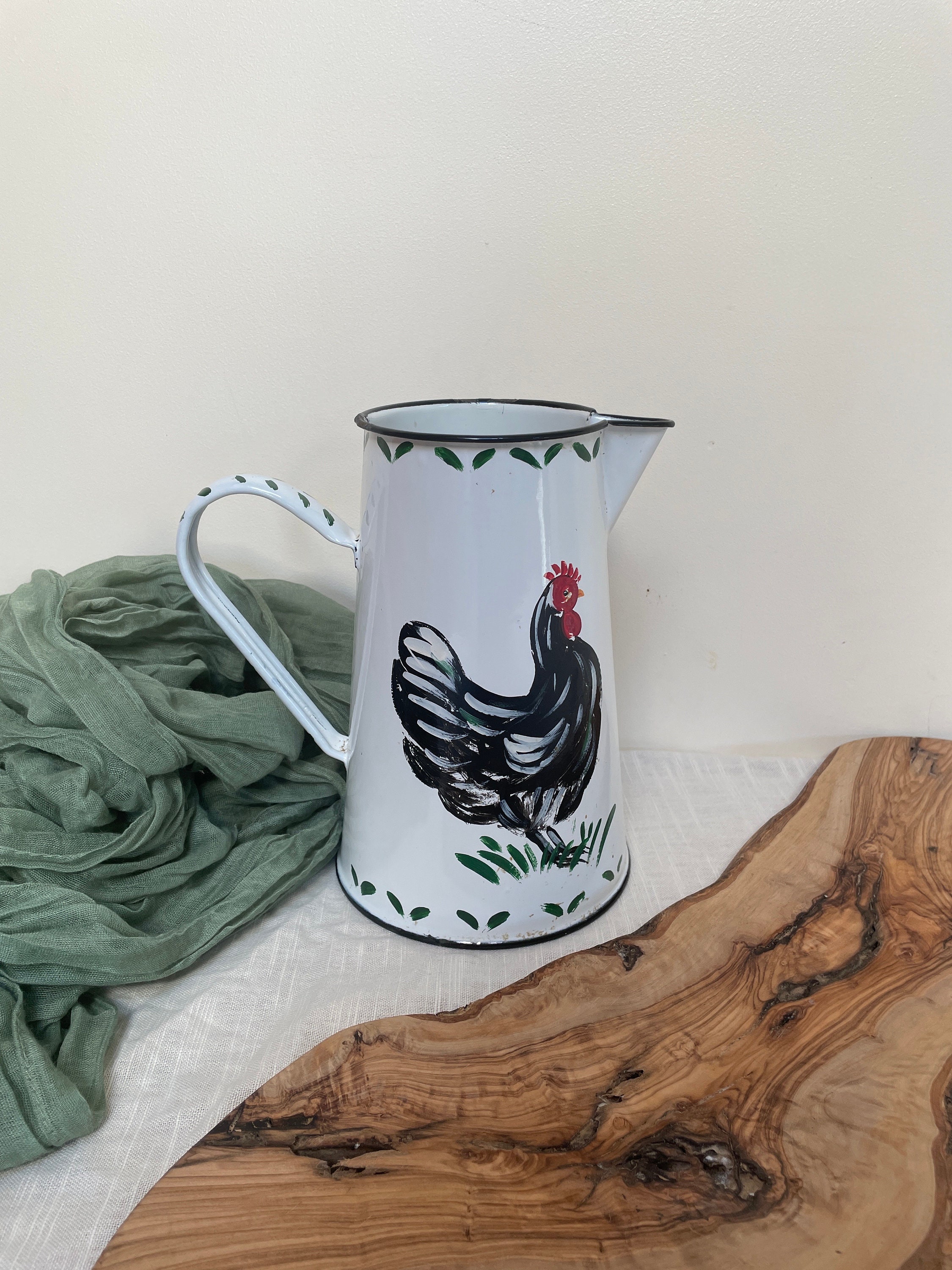 Vintage Hand Painted Enamel Jug With Chicken Decoration// Farmhouse ...