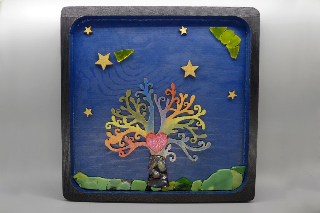 Hand Painted Wood Tree of Life Night Sky Comes With Mini Display Easel ...