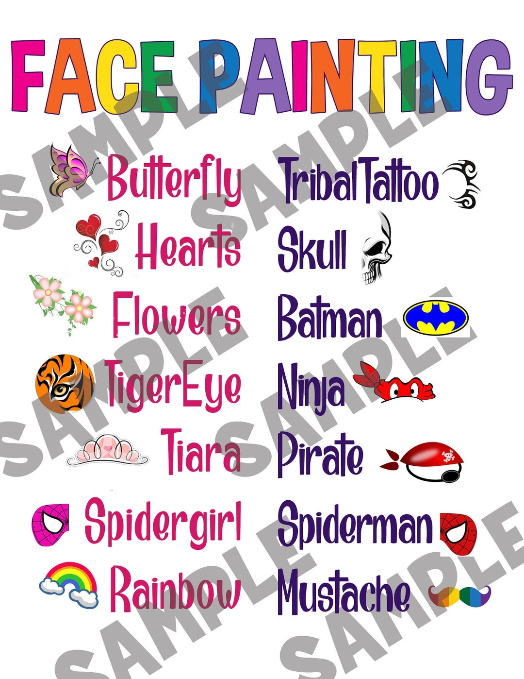Fast Face Painting Menu - Etsy