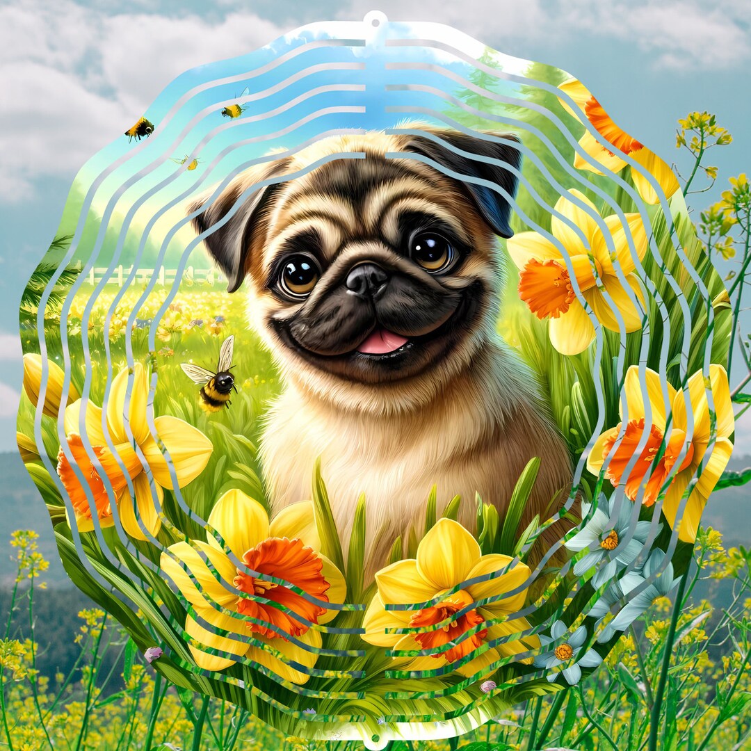 Pug Flowers Wind Spinner , Wind Spinner Sublimation Design PNG, Instant ...