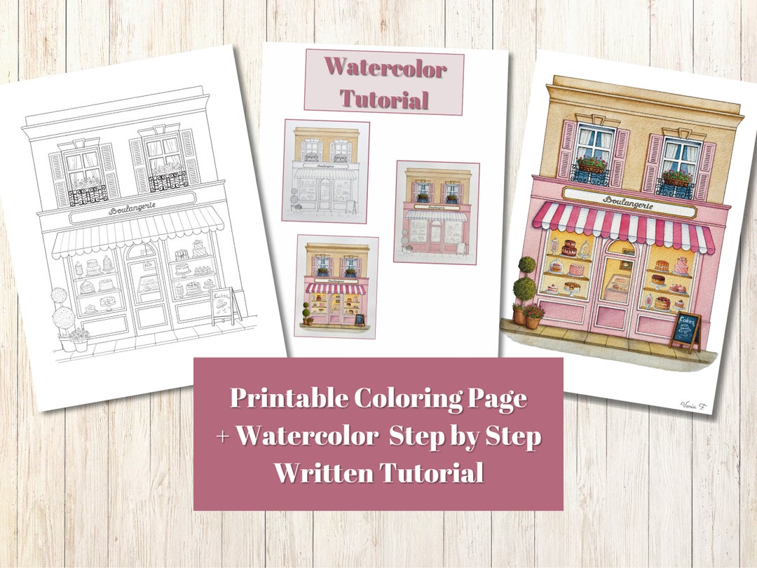 French Cafe Printable Coloring Page + Step by Step Written Watercolor ...