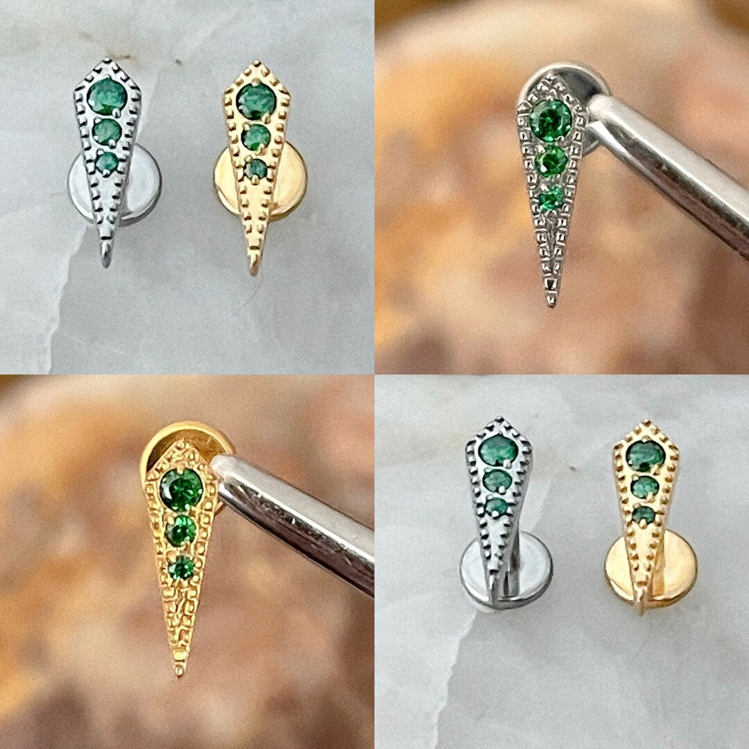ASTM F136 Titanium Pointed Studded Kite Cubic Zirconia Gem Paved Set Labret Helix Conch Lip ...