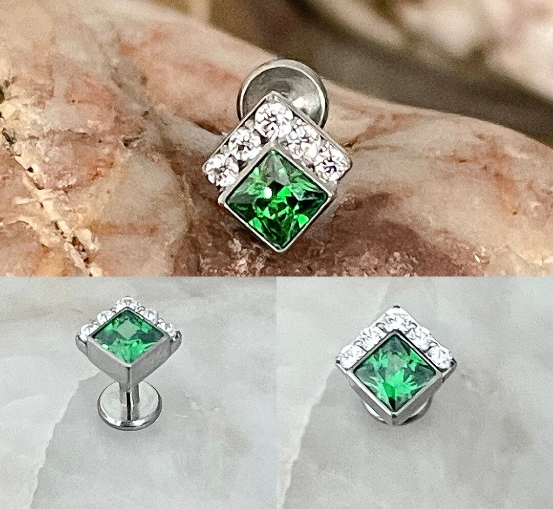 ASTM F136 Titanium Emerald Square With Paved Gem Top Set Labret Conch ...