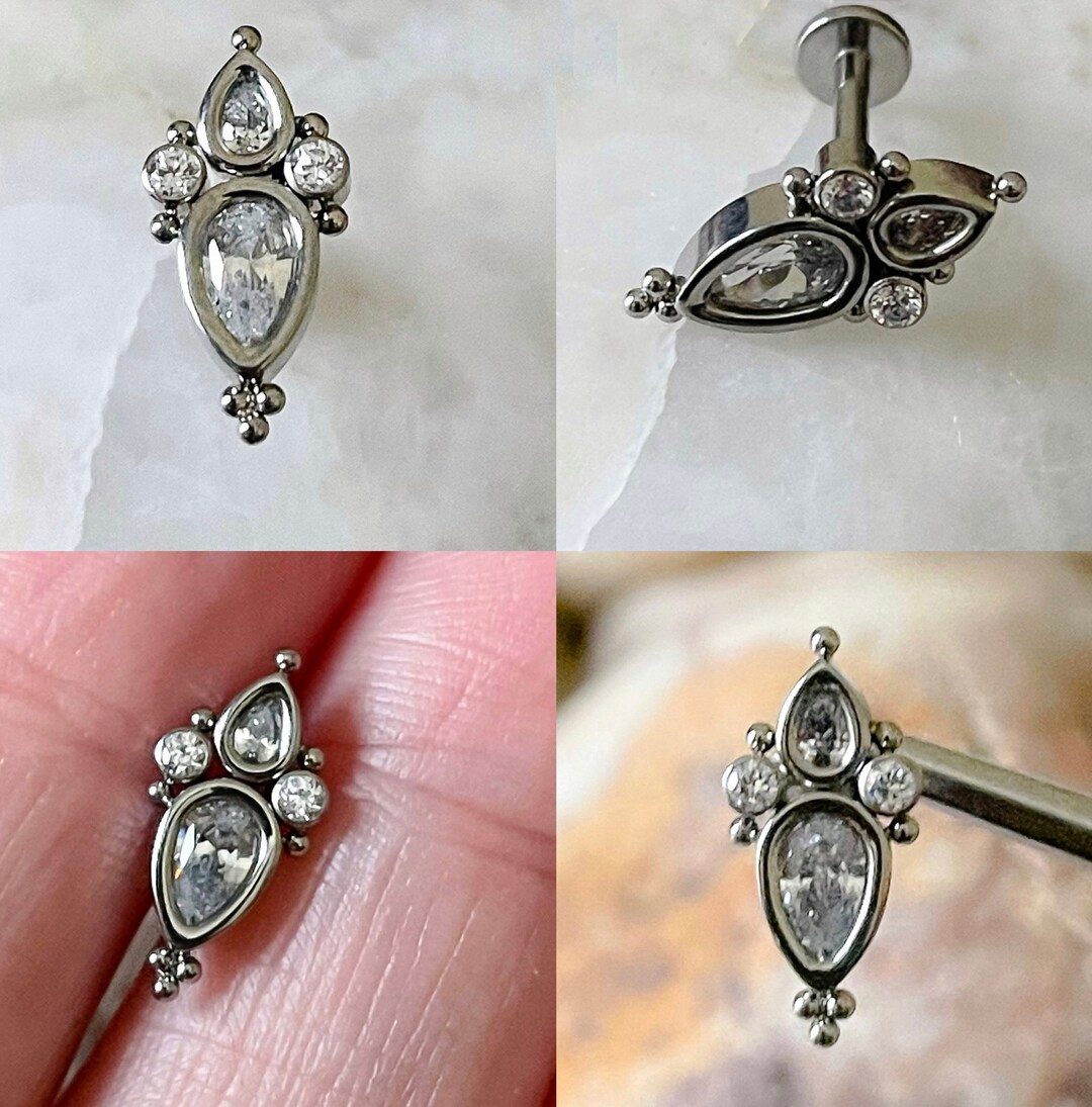 ASTM F136 Titanium Double Teardrop & Double Gem Beaded Labret Tragus ...