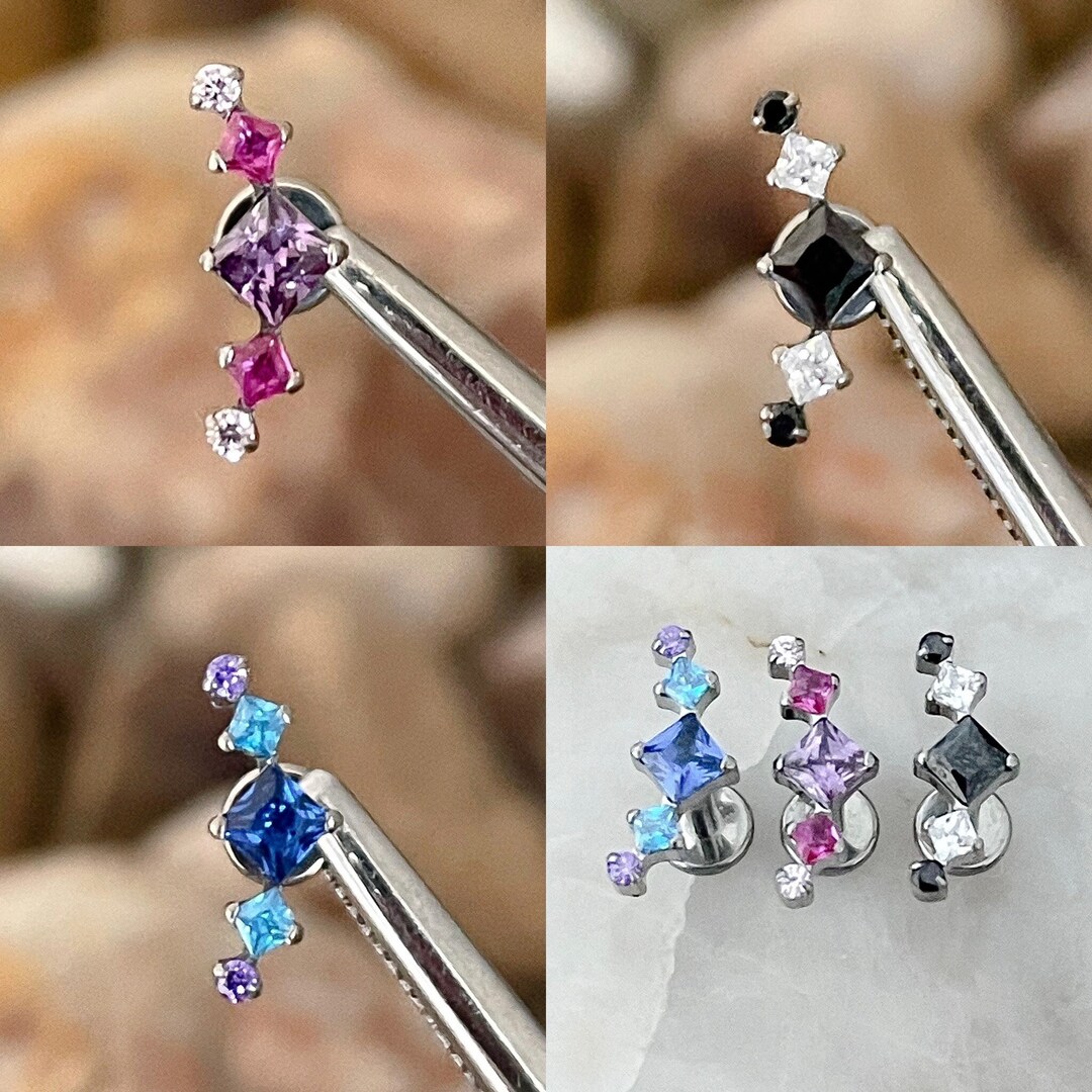 ASTM F136 Titanium Triple Square & Round Cubic Zirconia Gem Curved ...