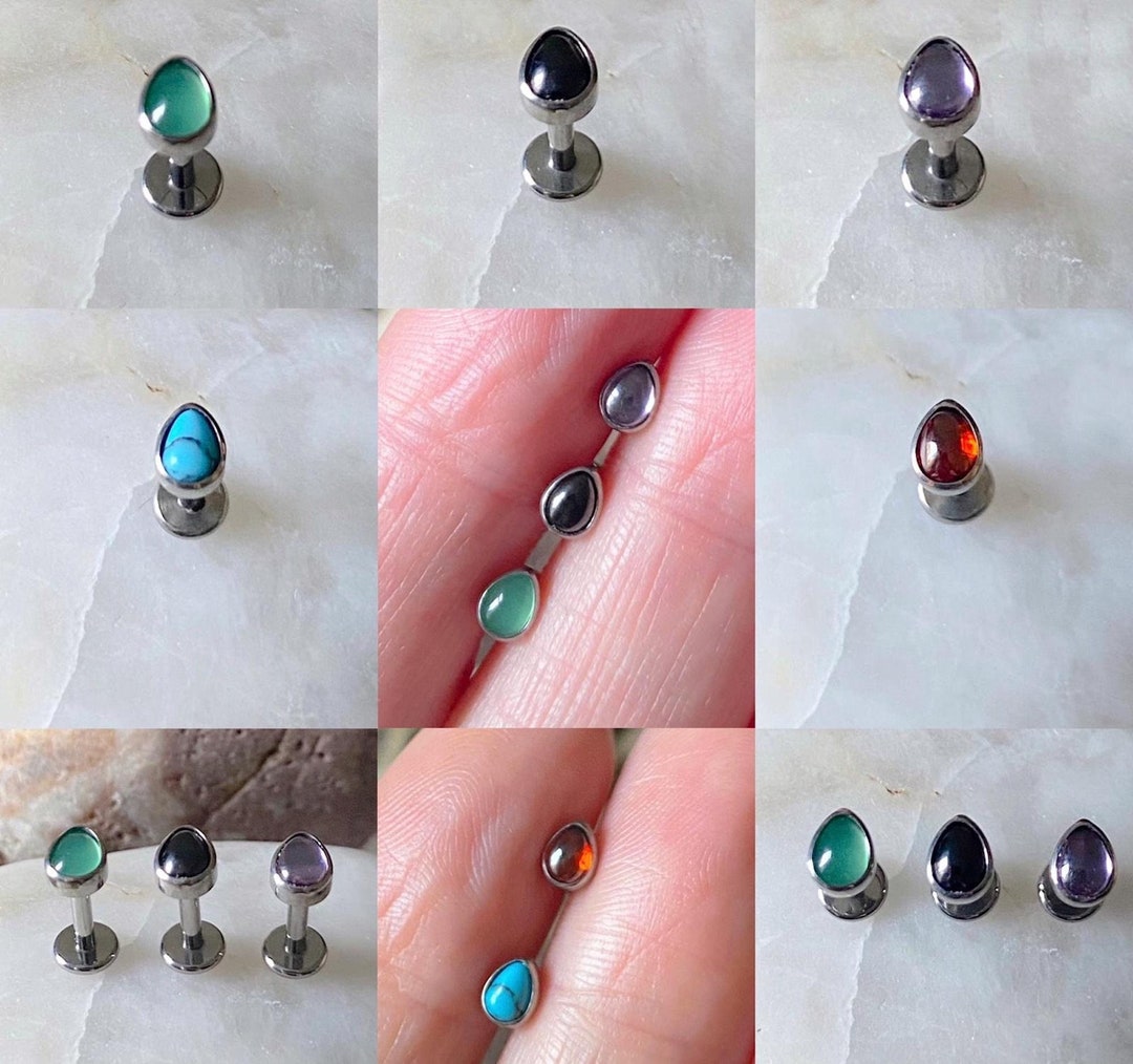 ASTM F136 Titanium Teardrop Gem Labret Helix Conch Lip Monroe Tragus 1.2mm 6/8mm - Choice of 5 ...