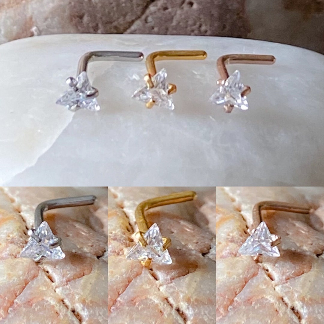 3mm Prong Set Cubic Zirconia Gem Triangle Shaped L Shape Nose Stud 3 ...