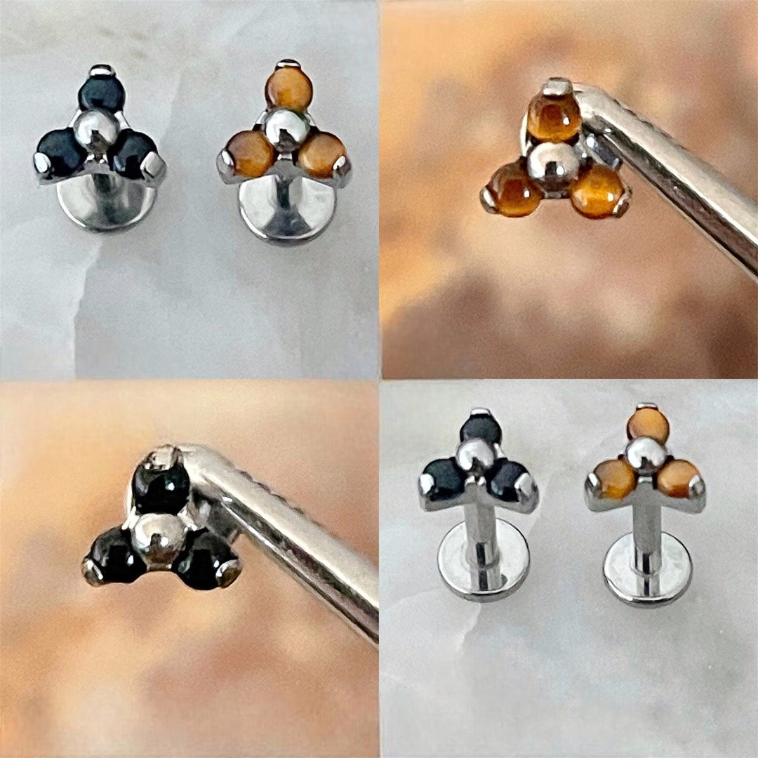 ASTM F136 Titanium Natural Stone Tiger Eye / Black Onyx Trinity Prong ...