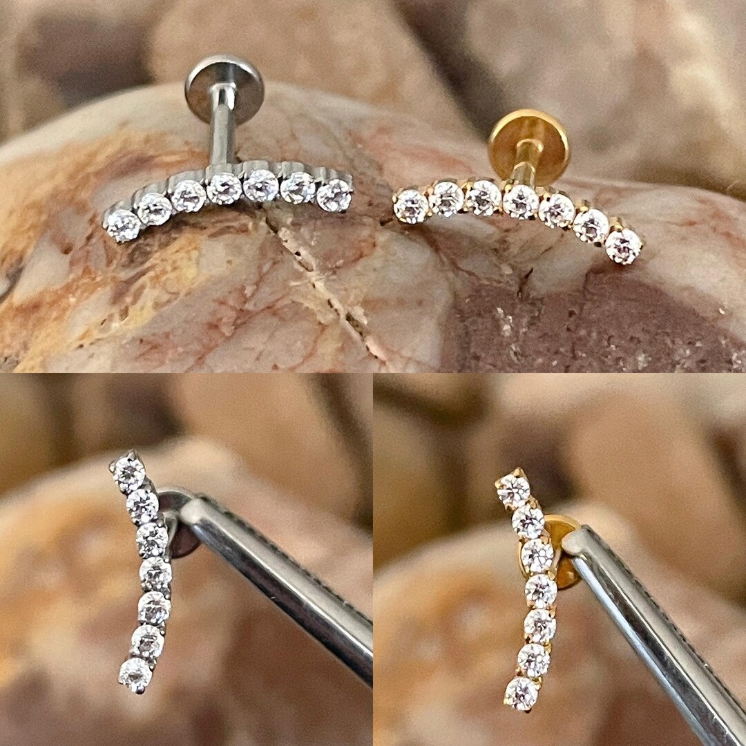 ASTM F136 Titanium 7 X Cubic Zirconia Gem Prong Set Curved Labret Helix ...