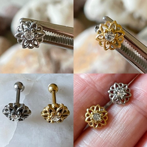 Flower Filigree Gem Cartilage Helix Earring Barbell Stud 1.2mm 6mm Choice of 2 Colours Etsy