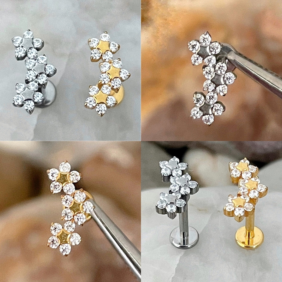 ASTM F136 Titanium Triple Flower Cubic Zirconia Gem Curved Cluster ...