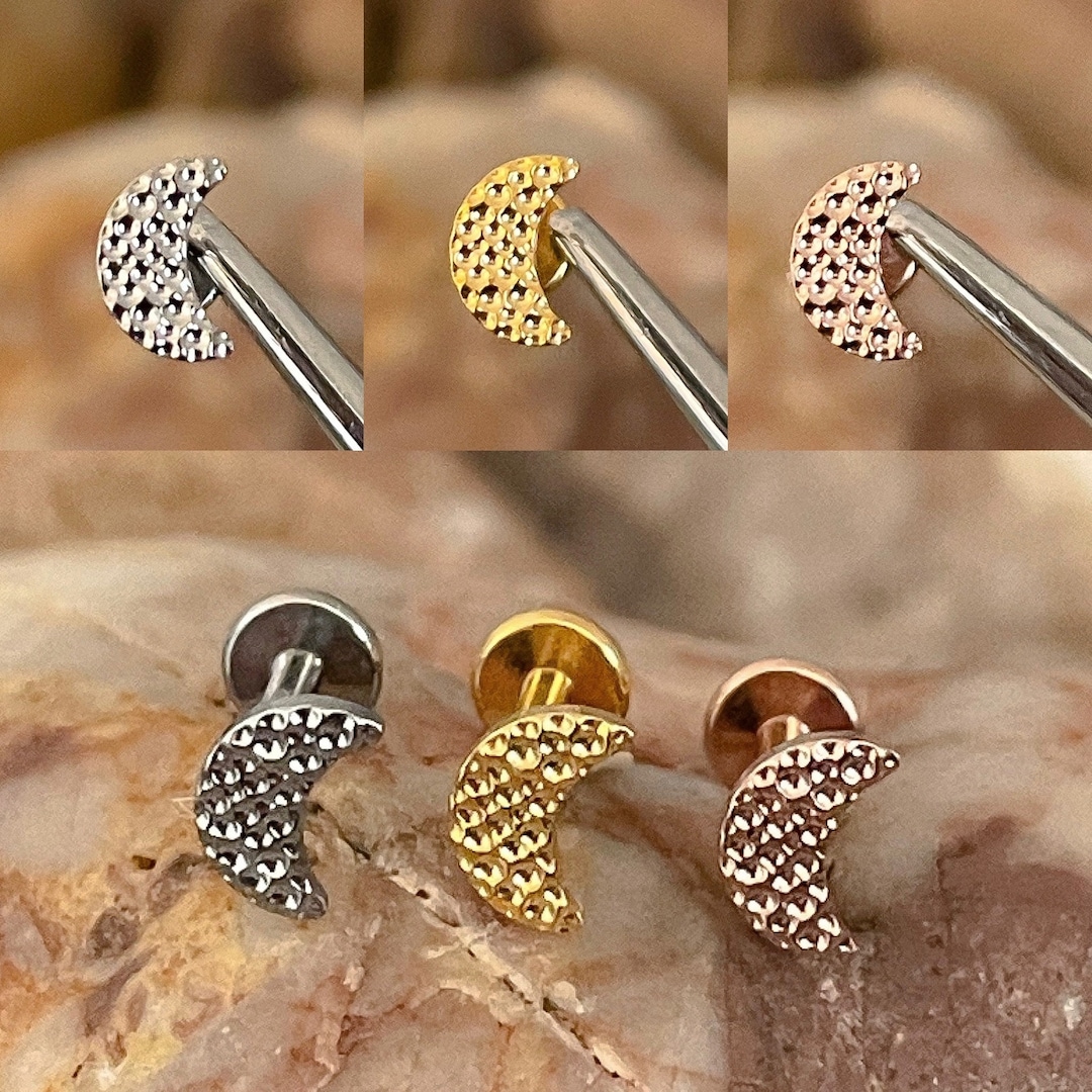 ASTM F136 Titanium Moon Pitted Hammer Effect Internally Threaded Labret ...