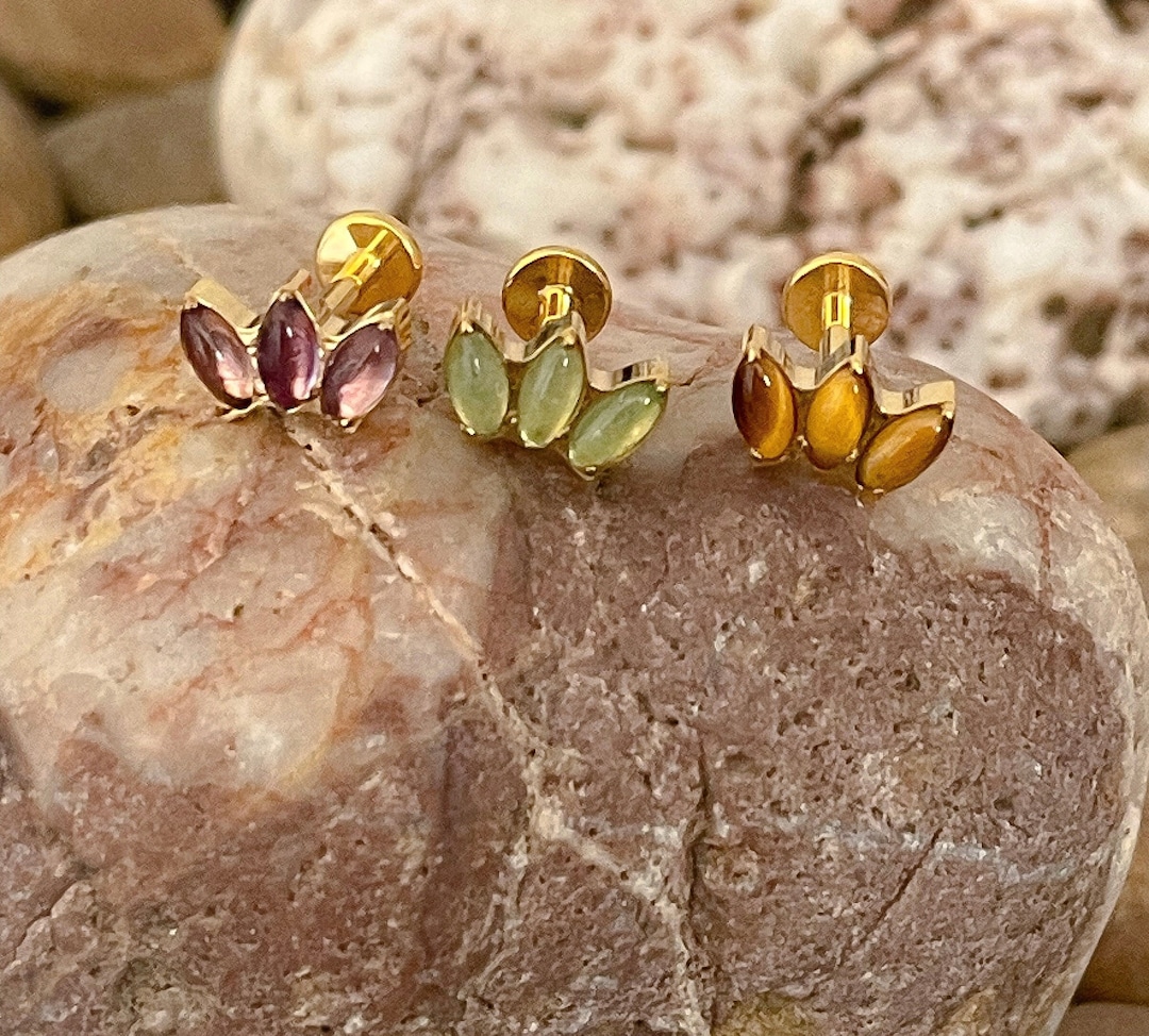 ASTM F136 Titanium Gold Natural Stone Marquise Triple Crown Labret ...