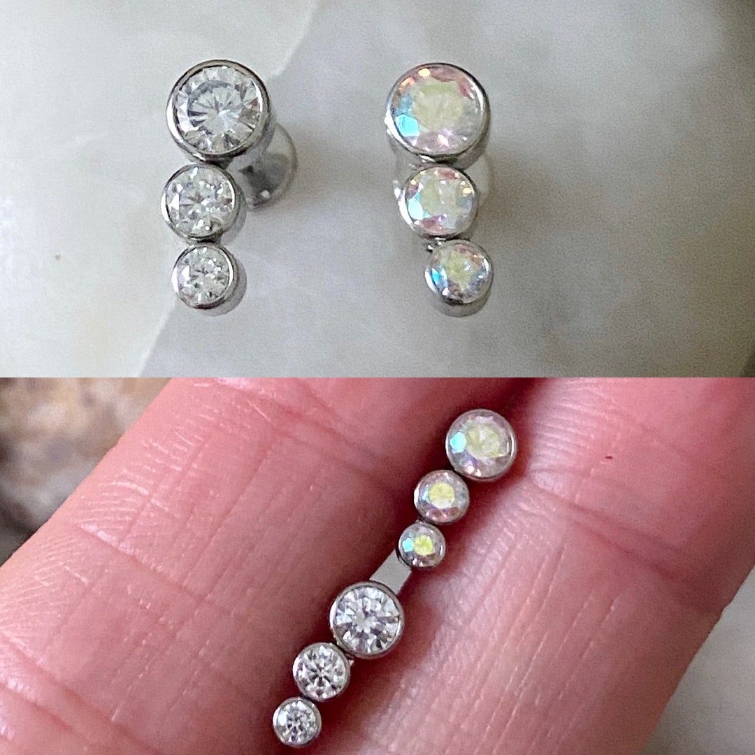 3 Trio Gem Slightly Curved Cluster Labret Cartilage Helix Studs Tragus ...