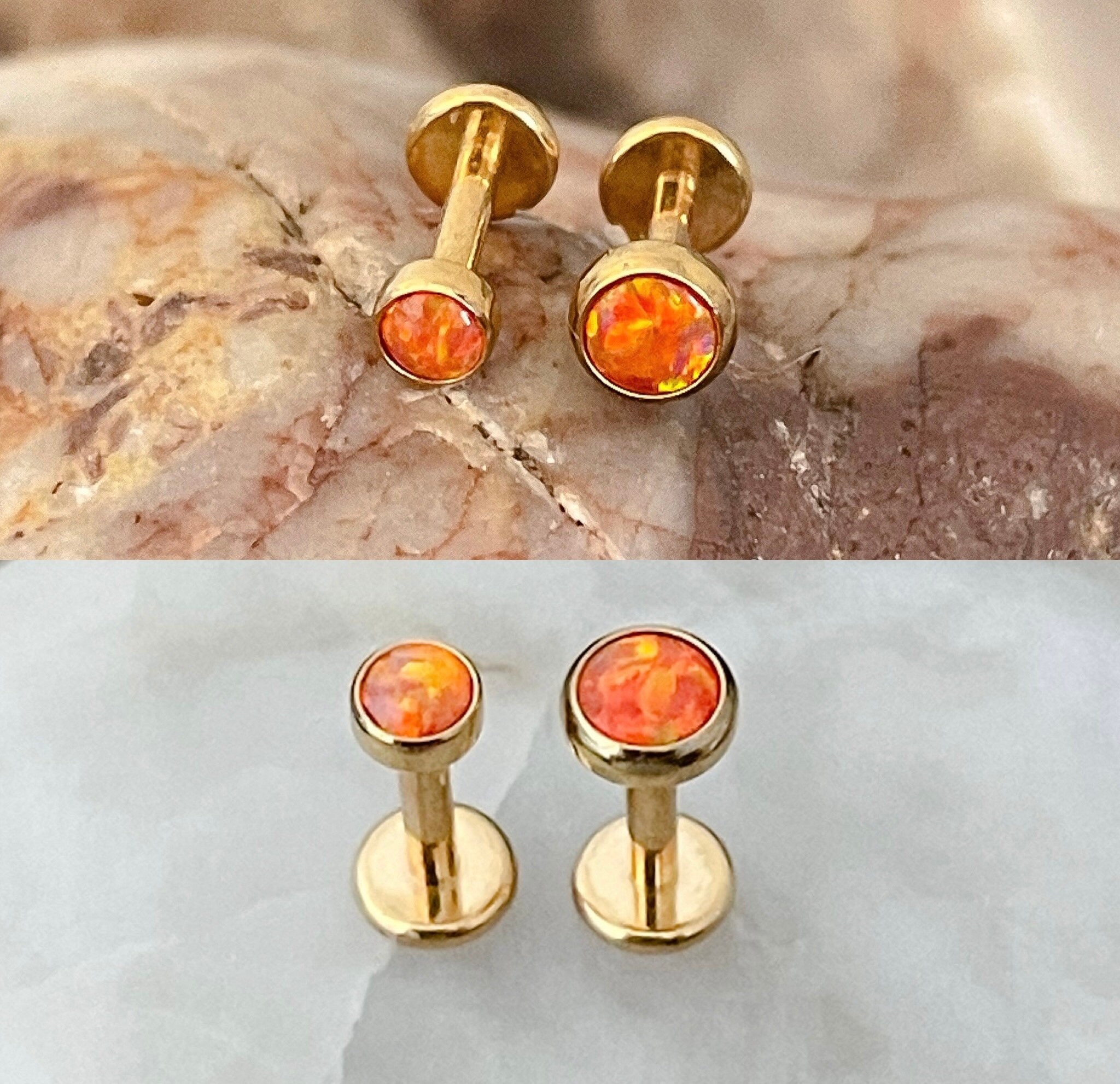 ASTM F136 Titanium Gold 3mm/4mm Fire Orange Opal Bezel Set Labret Helix ...