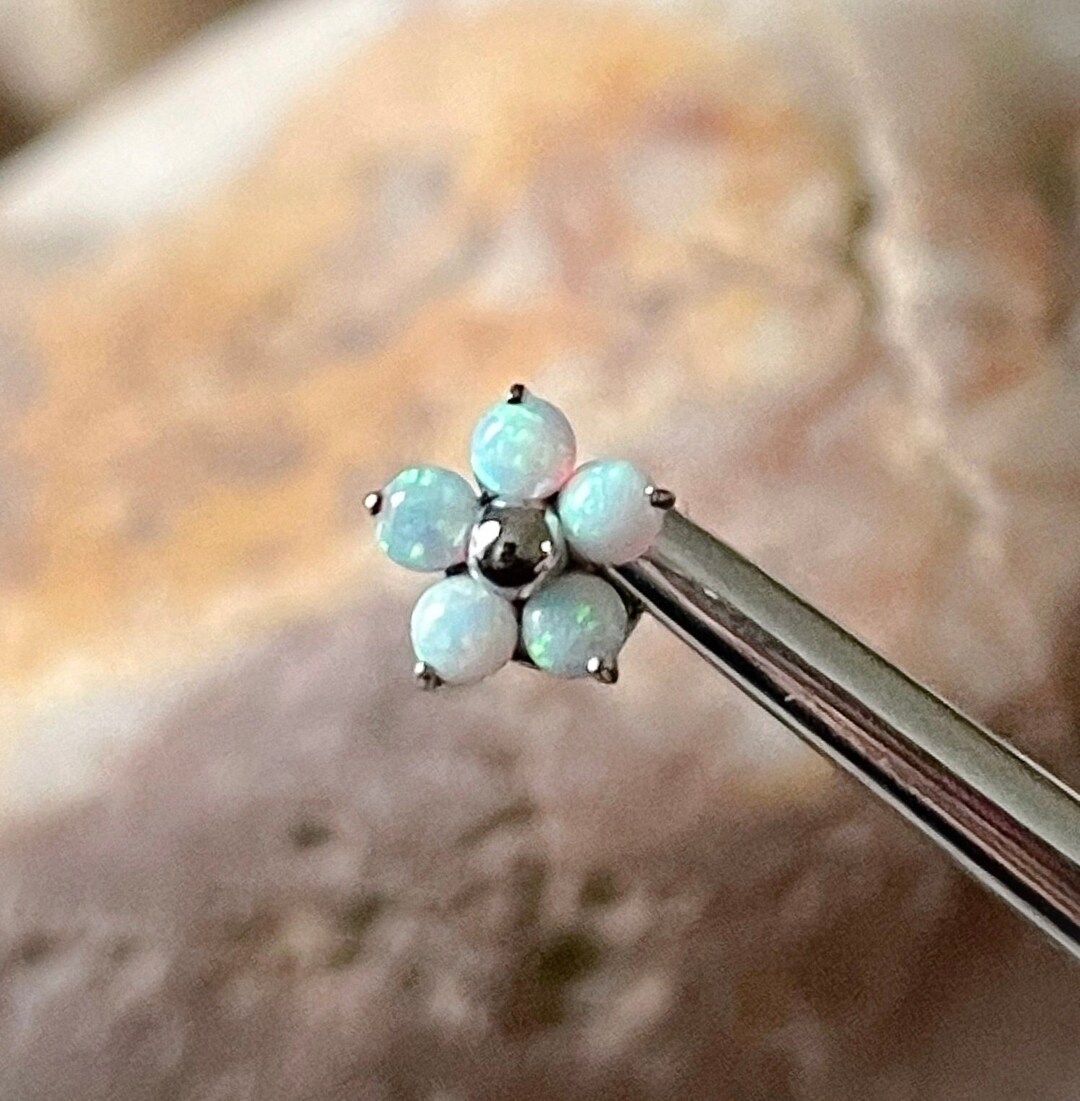 ASTM F136 Titanium Fire & Snow White Opal Flower Cluster Labret Helix ...