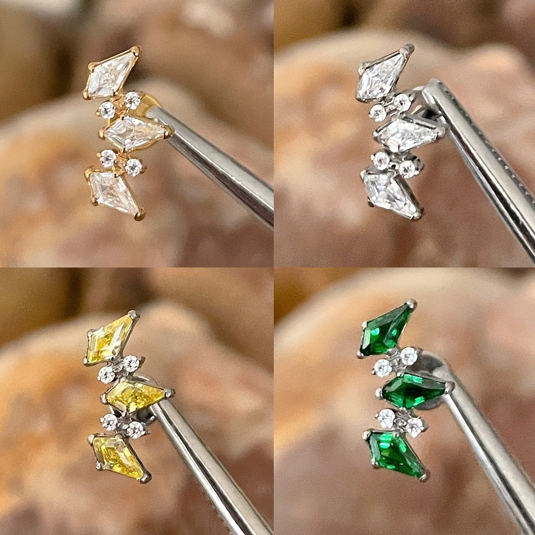 ASTM F136 Titanium Triple Kite & Round Cubic Zirconia Gem Curved Cluster Labret Helix Conch ...