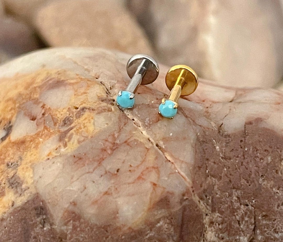 ASTM F136 Titanium Tiny 2mm Round Turquoise Stone Prong Set Labret ...