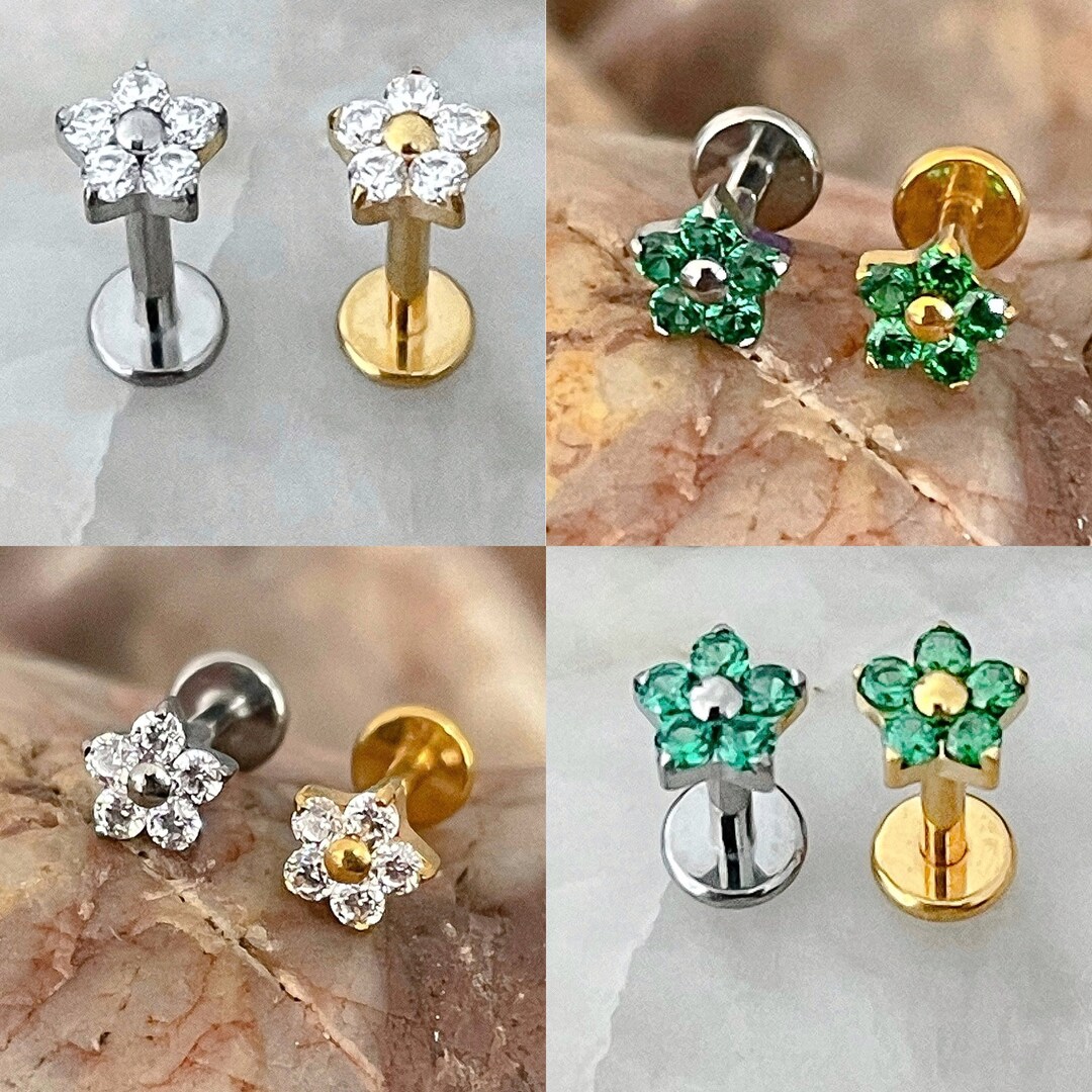 ASTM F136 Titanium Tiny Flower Cubic Zirconia Gem Cluster Labret Helix ...