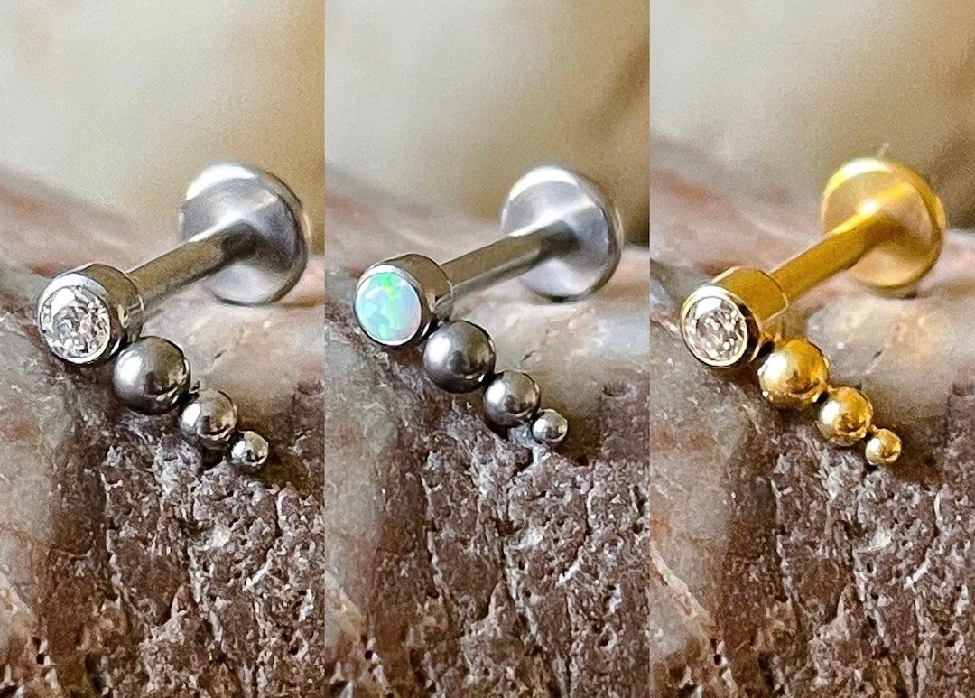 ASTM F136 Titanium Push Pin Threadless Opal or Gem Triple Beaded Effect ...