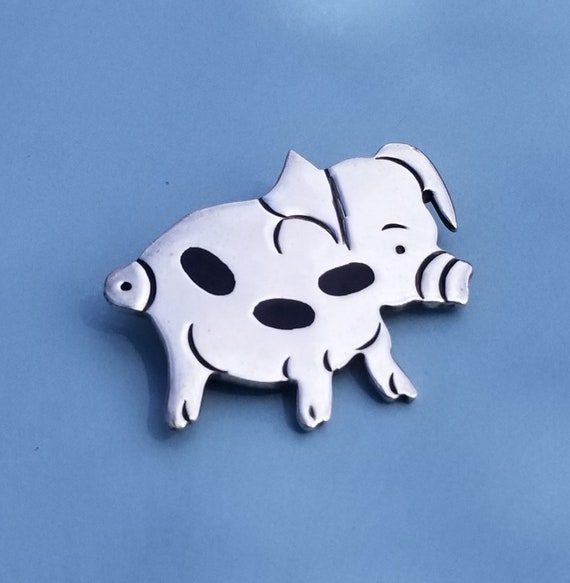 Taxco Sterling Silver Pig Pin with Black Enamel Spots… - Gem