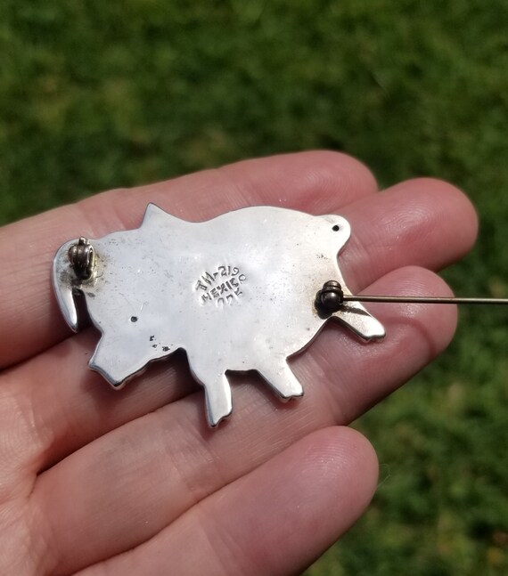 Taxco Sterling Silver Pig Pin with Black Enamel Spots… - Gem