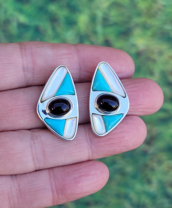 Jay King Turquoise Mother of Pearl Amethyst Inlay 925 Sterling Silver Earrings. Desert Rose Trading DTR Mine Finds Earrings. Etsy