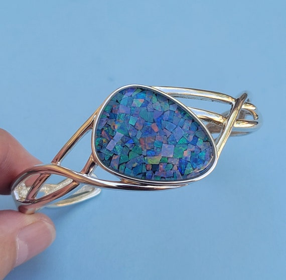 Australian Opal Chip Inlay 925 Sterling Silver Cuff B… - Gem